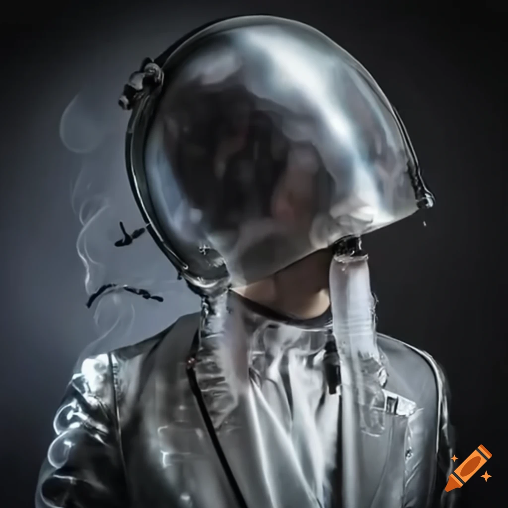 Man in silver suit smoking with jellyfish helmet