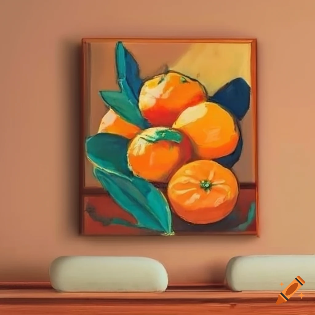 Colorful artwork with tangerines in a wooden box on Craiyon