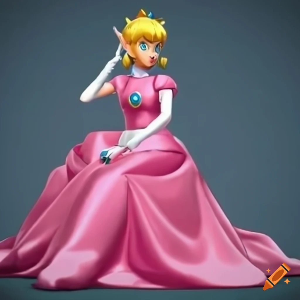 Link dressed in princess Peach's pink silk ballgown on Craiyon