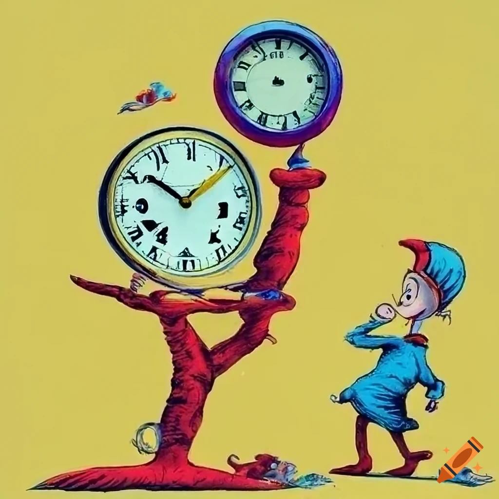 Funny book illustration of clocks and calendars on Craiyon