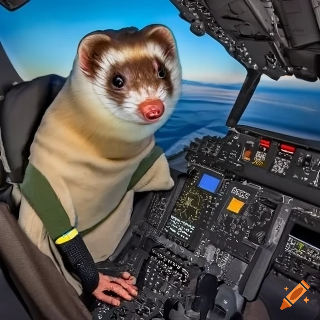 Humorous photo of a ferret dressed as a pilot in a plane