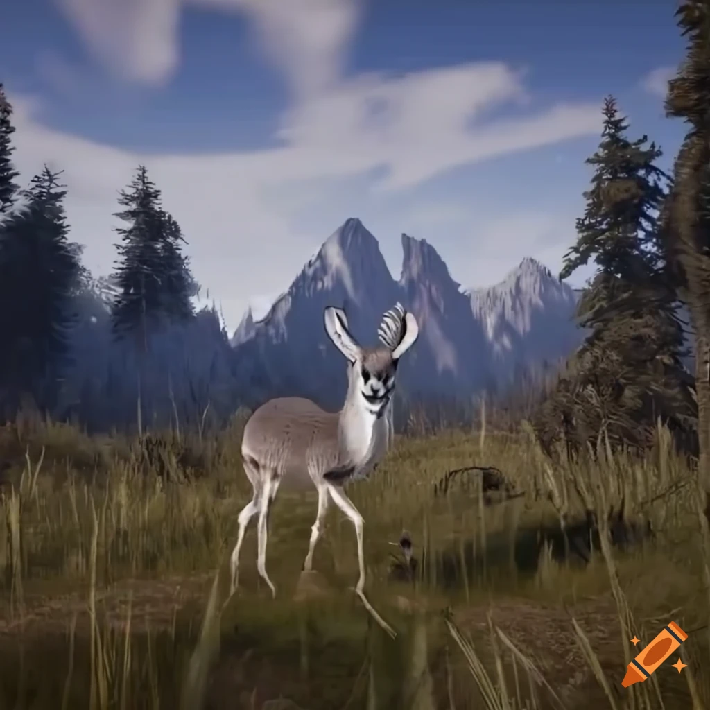 Image of a three-horned Grey-white antelope in a grass field with taiga ...