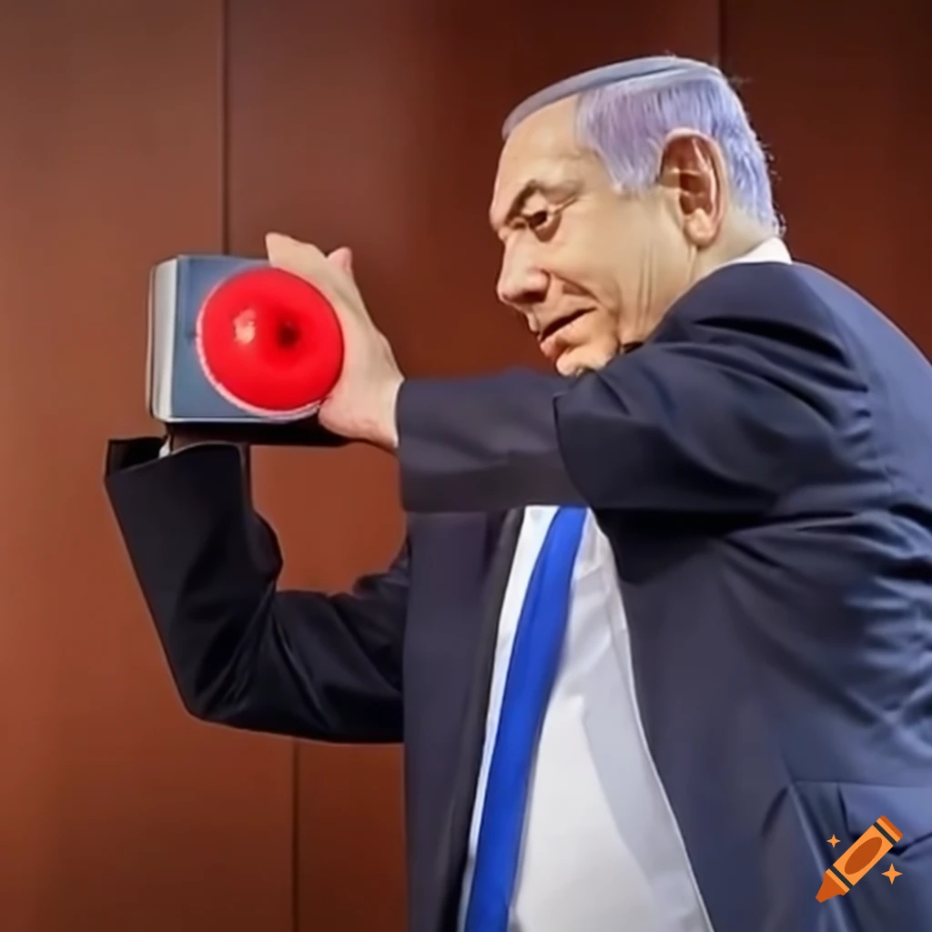 Image of benjamin netanyahu with a red button on Craiyon