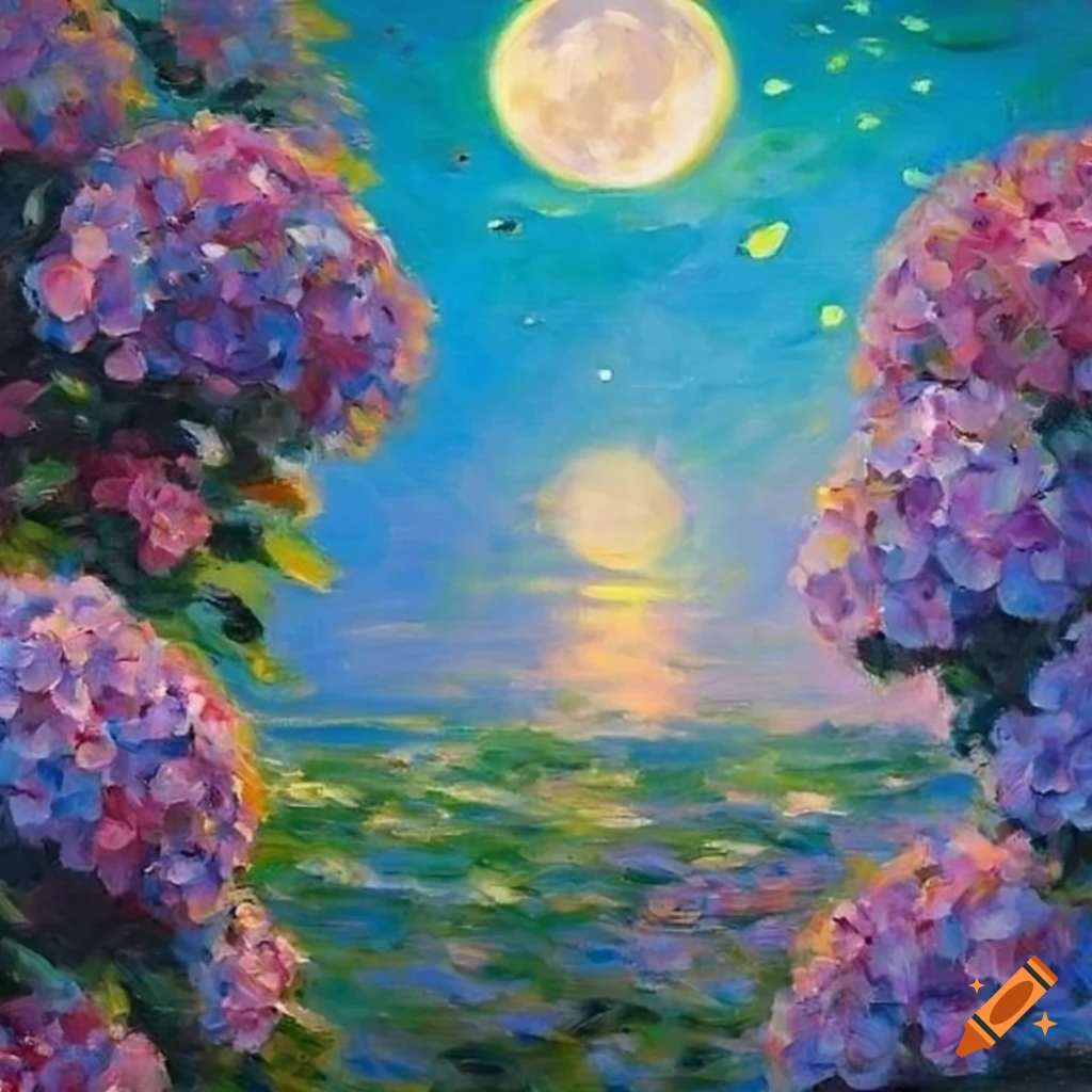 Monet painting of a dreamy garden with hydrangeas and fireflies