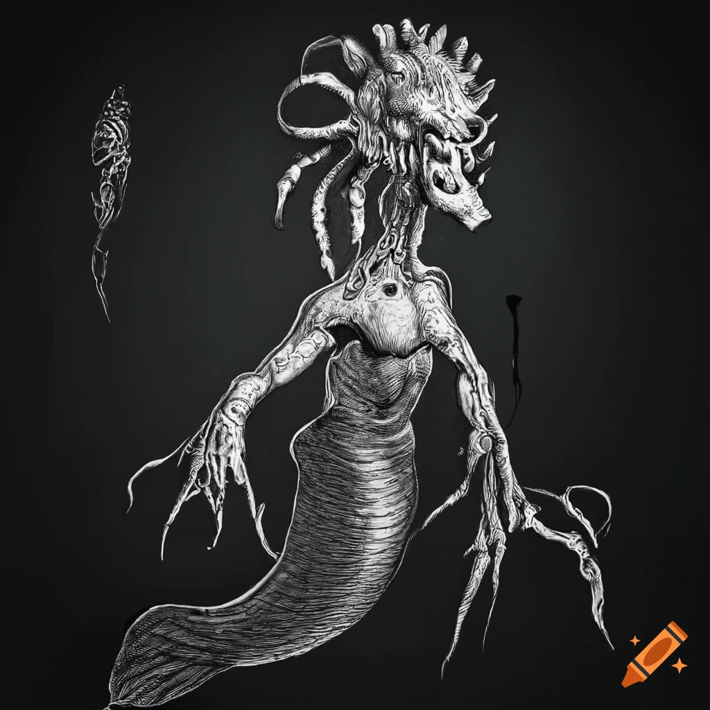 Detailed etching of a lovecraftian merman monster on Craiyon