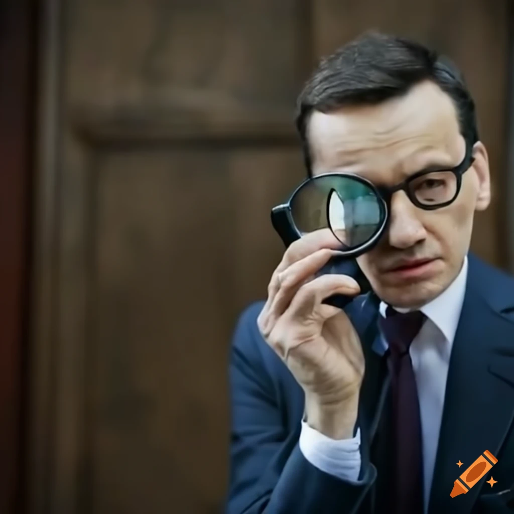 Image of morawiecki as sherlock holmes searching with a magnifying glass