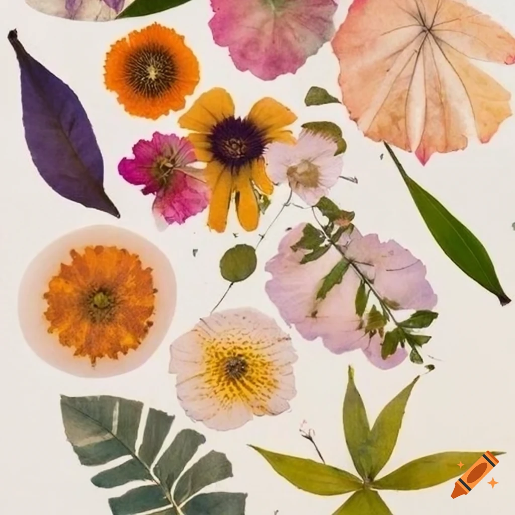 Botanical collage with pressed petals and leaves in a vintage display ...