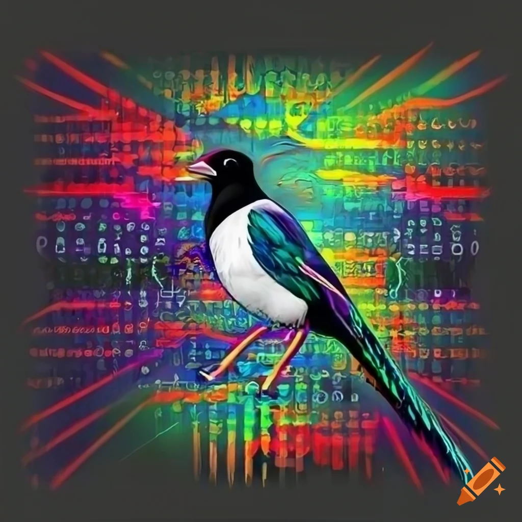 Business logo with psychedelic magpie on hacker code background