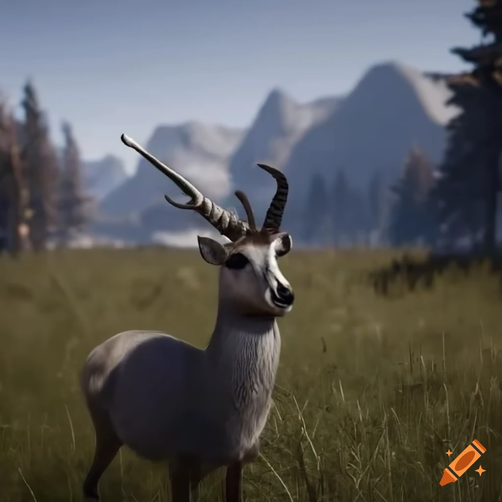 Image of a three-horned grey-white antelope in a grass field with taiga ...