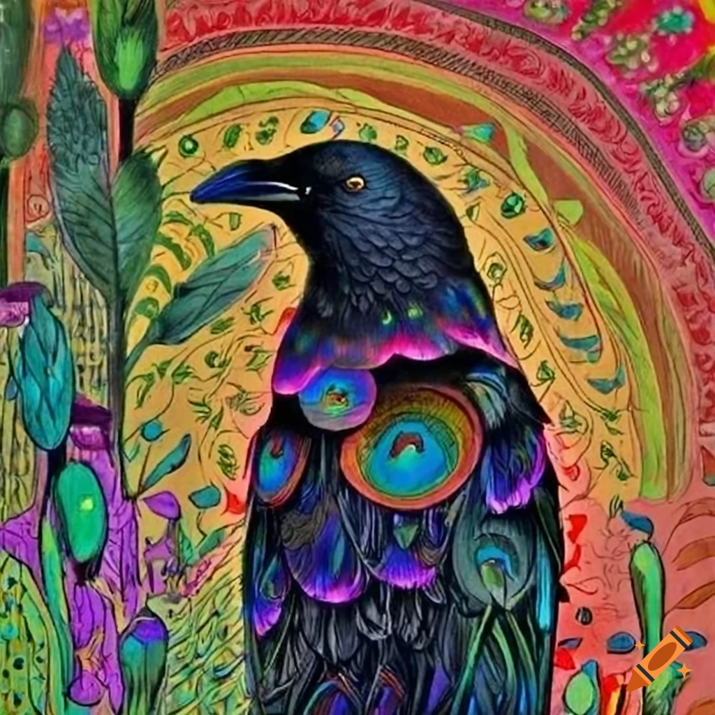 Storybook illustration of a black raven in a colorful cloak on Craiyon