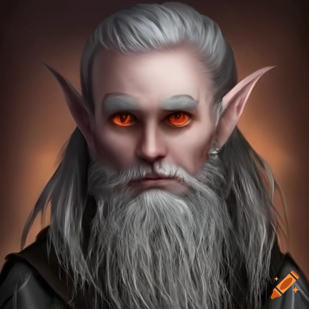 Photo of a gray-skinned elf with long beard and orange eyes