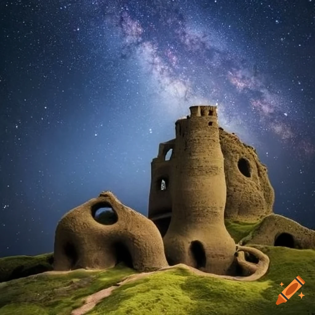 Moss-covered medieval castle under a starry sky on Craiyon