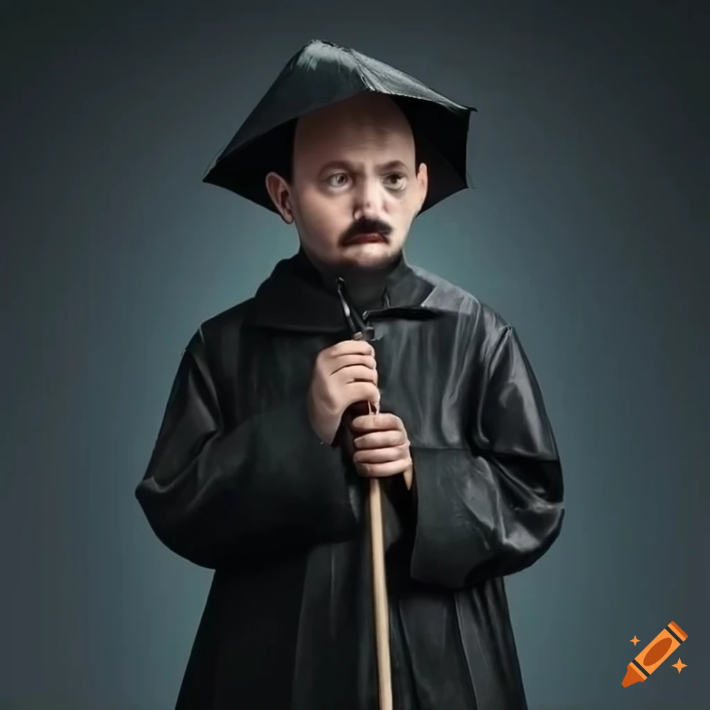 Portrait of a small fat french guy with a moustache in a raincoat on ...