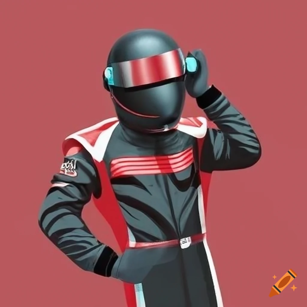 Race driver wearing black and red suit