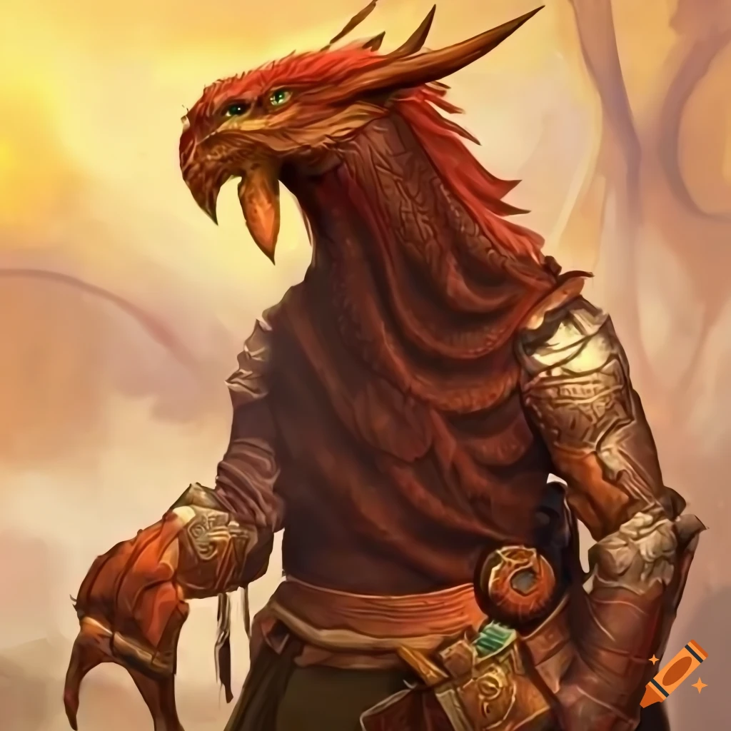 Artwork of a dragonborn with a parrot body and cóatl head on Craiyon