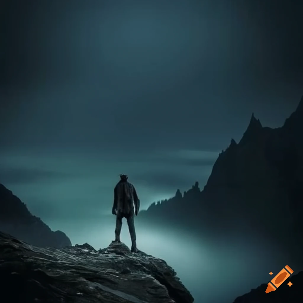 Shadowy man in awestruck awe on an apocalyptic scene with raining ...