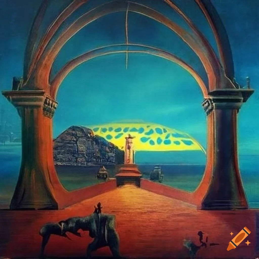 Surreal cityscape with strange creatures and cloud structures on Craiyon