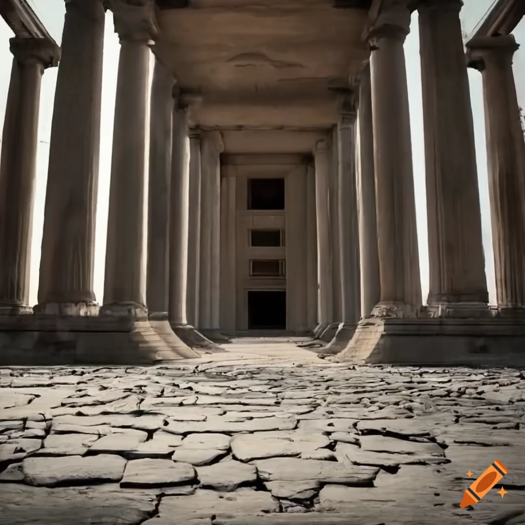 Wide format image of an ancient roman hall with old pillars on Craiyon