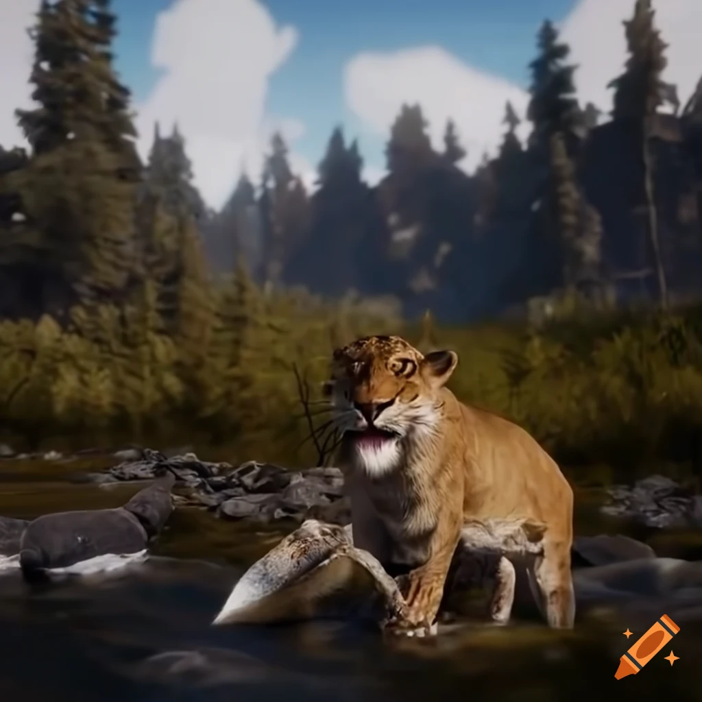 Winter landscape with a brown liger in taiga forest on Craiyon