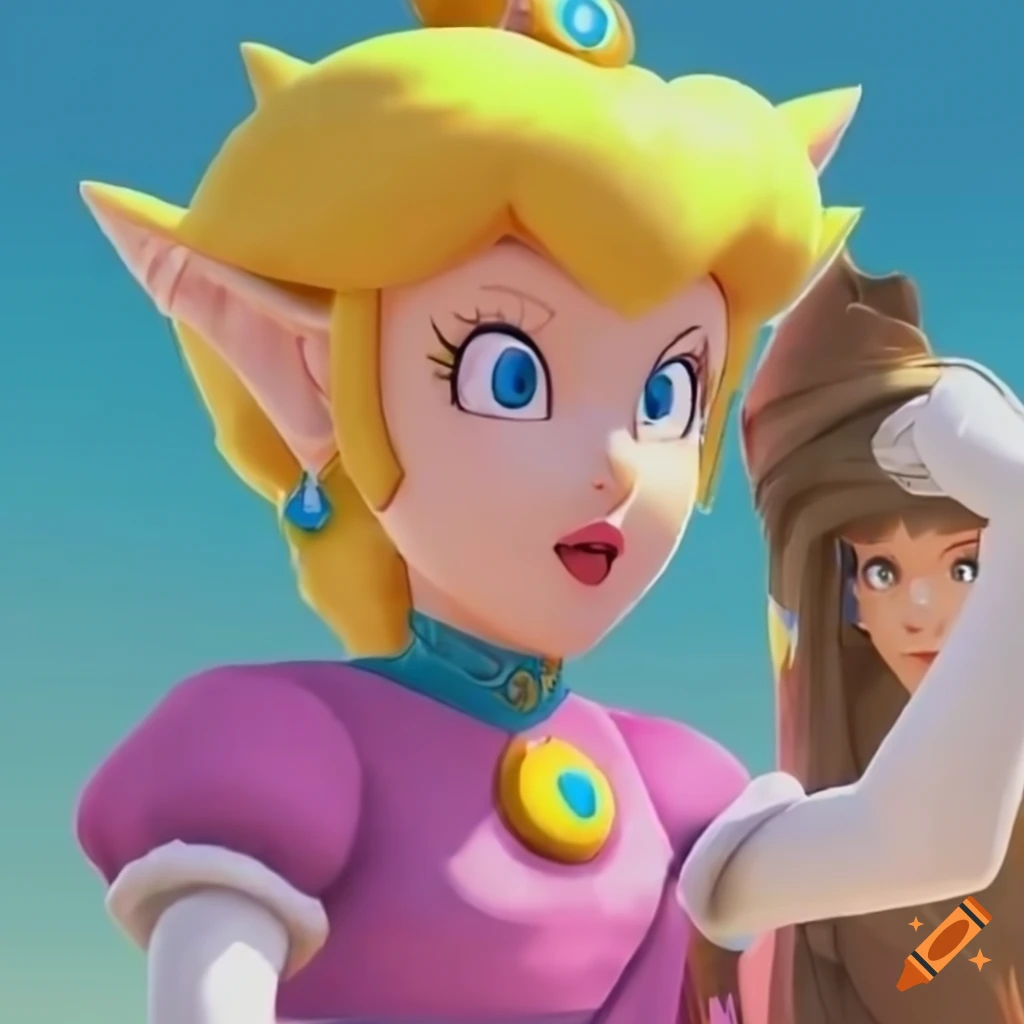 Fan art of link and princess peach exchanging outfits on Craiyon