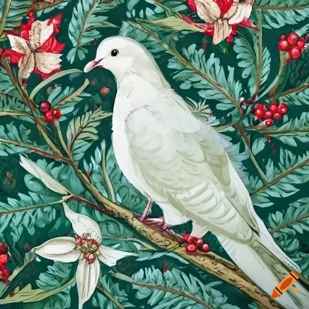 Christmas card illustration of a white dove on a pine tree branch on ...