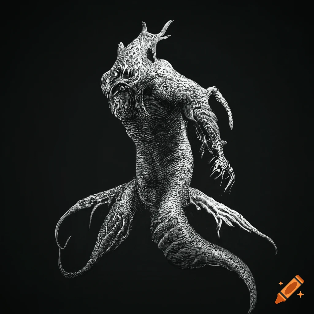 Detailed etching of a lovecraftian merman monster on Craiyon