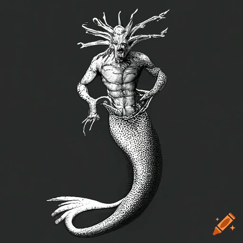 Black and white etching of a merman seadragon on Craiyon
