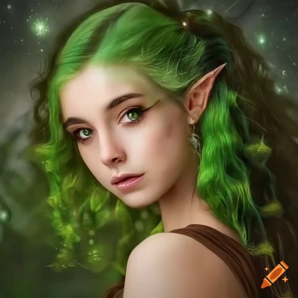 Photo of a green-skinned young woman in front of an enchanted forest on ...