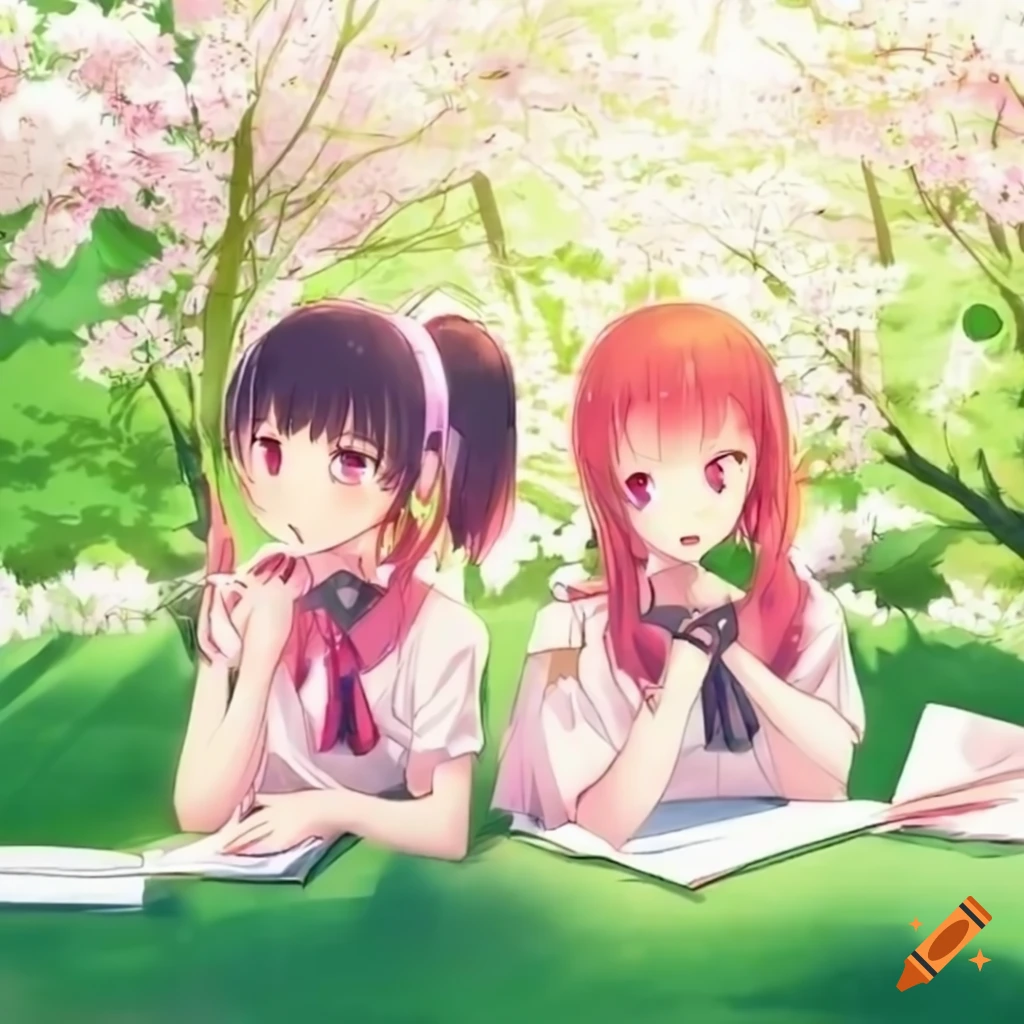 Anime girls studying together in a flowery park