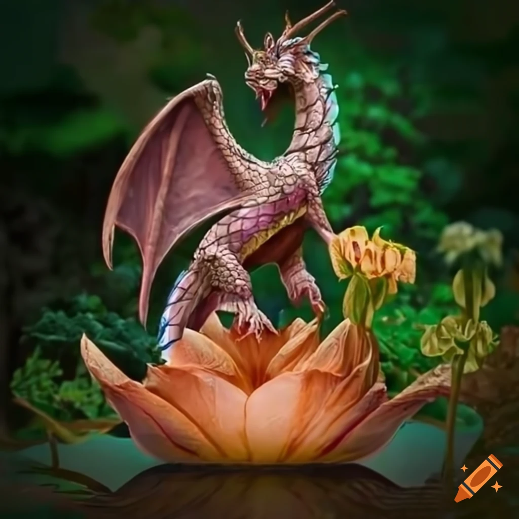 Image of a mystical dragon in a flower-filled garden on Craiyon