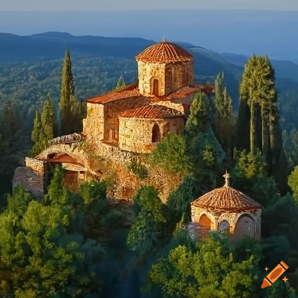 Detailed artwork of a Byzantine village in a forest on Craiyon