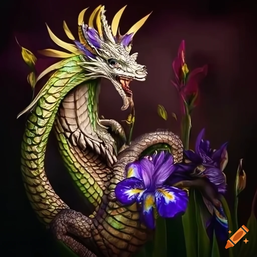Art of a majestic dragon with jewels and flowers