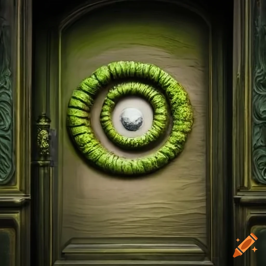 Surreal moss-covered baroque door with spiral bas-relief on Craiyon