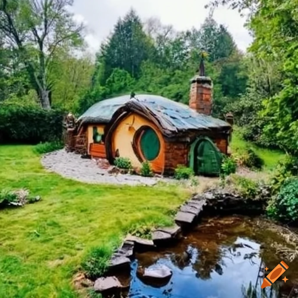 Picture of a charming hobbit house with a puddle in front on Craiyon