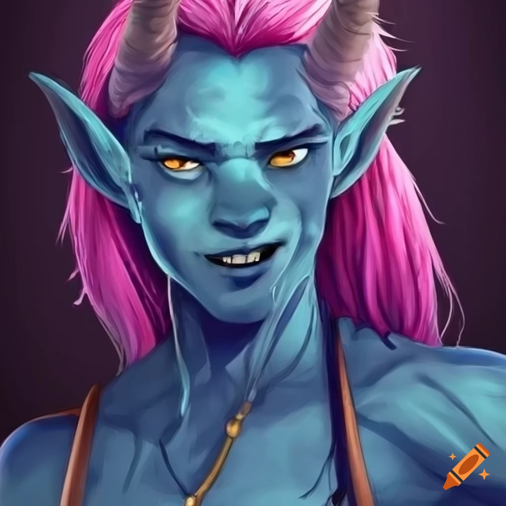 Character design of a blue-skinned male tiefling with pink hair on Craiyon