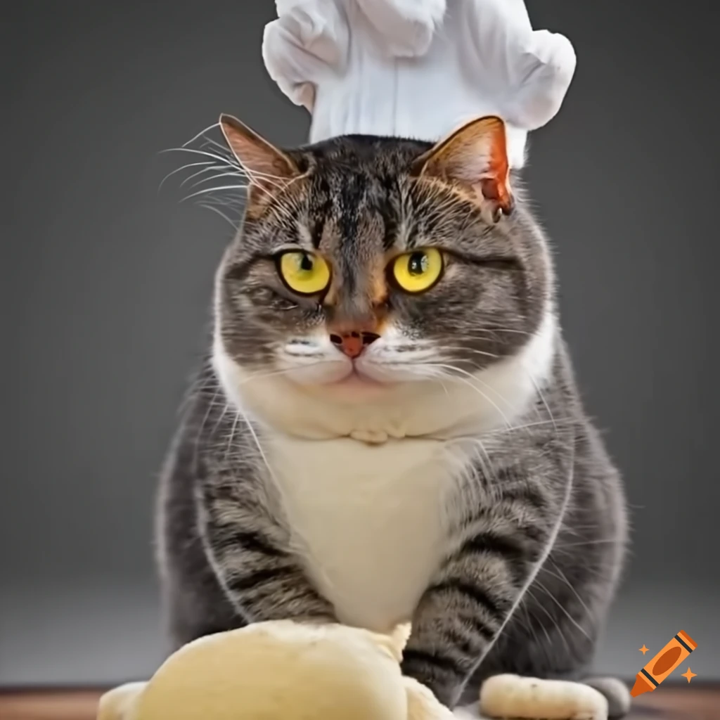 Funny image of a fat cat wearing a chef hat and apron on Craiyon