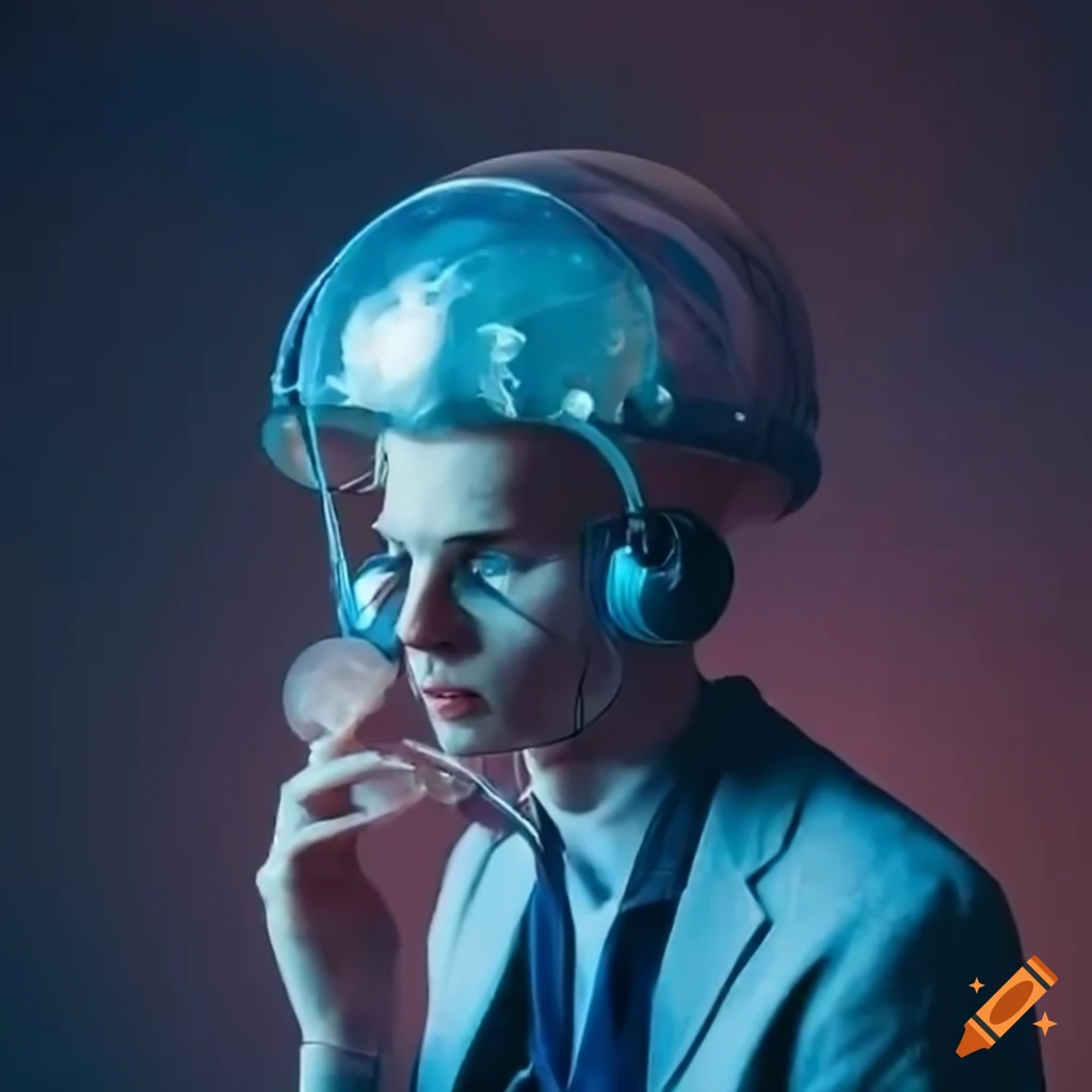 Man wearing a glass jellyfish helmet with headphones on Craiyon