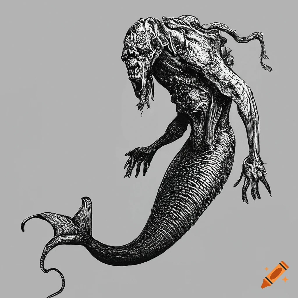 Detailed etching of lovecraftian merman monster