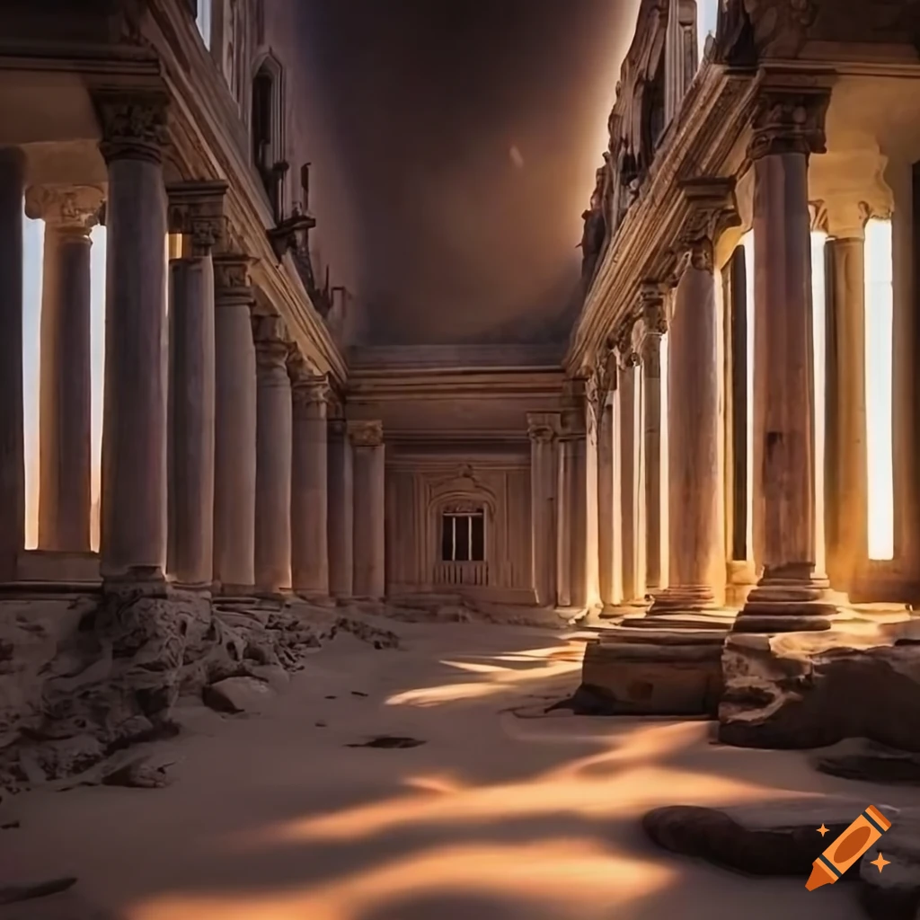 Dark ancient temple room with six entrances and a pedestal in the ...