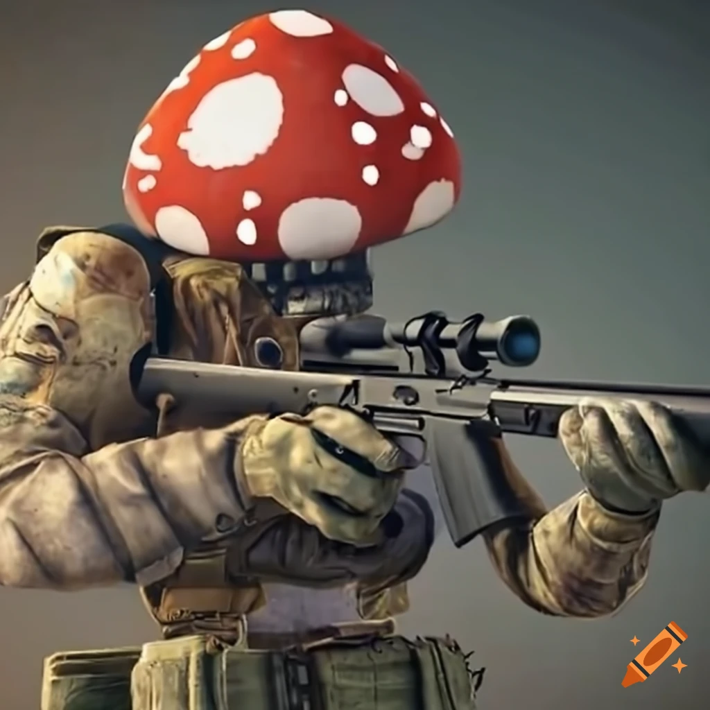 Image of a mushroom humanoid with a sniper rifle on Craiyon