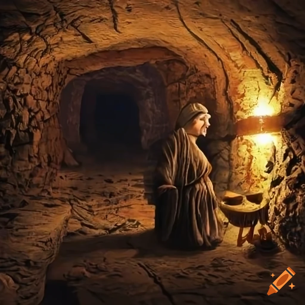 Illustration of medieval miners working underground