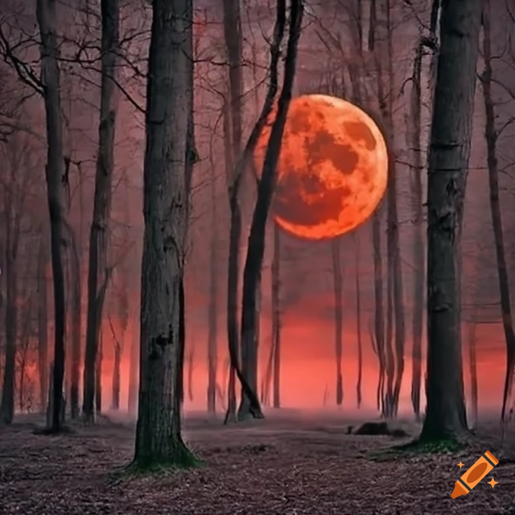 Red moon shining over a forest on Craiyon