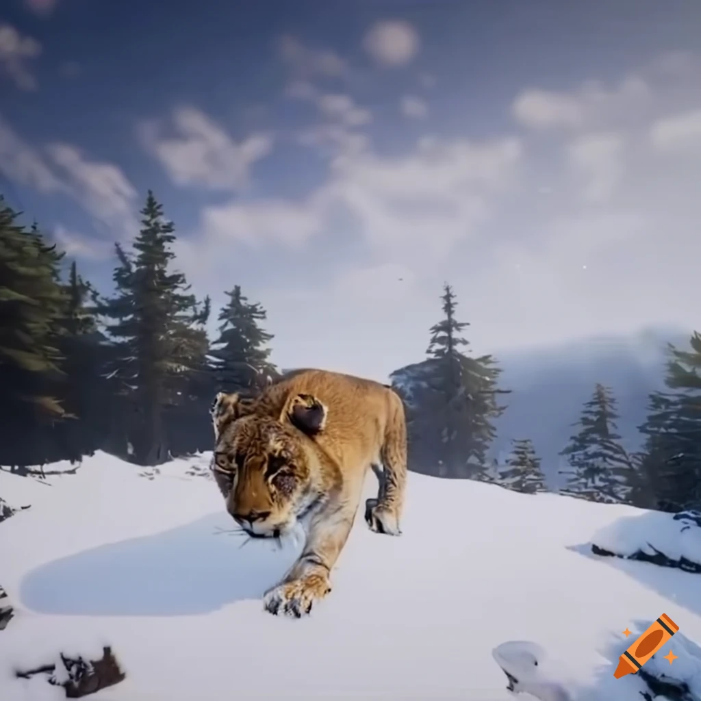 Liger in snow field with taiga forest and snow mountains on Craiyon