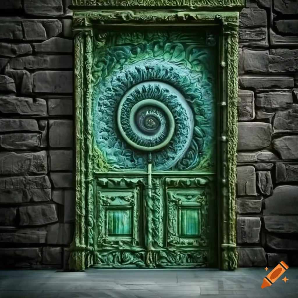 Baroque moss-covered door with spiral galaxy engraving on Craiyon