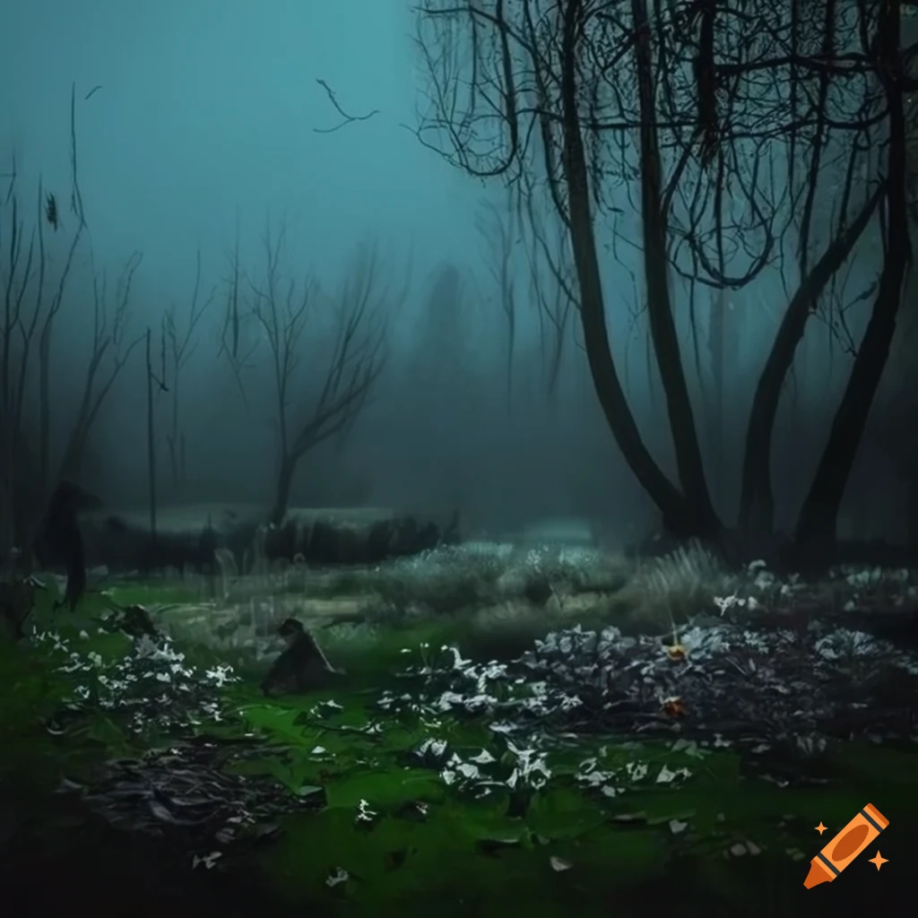 Dark and eerie garden with dead flowers on Craiyon