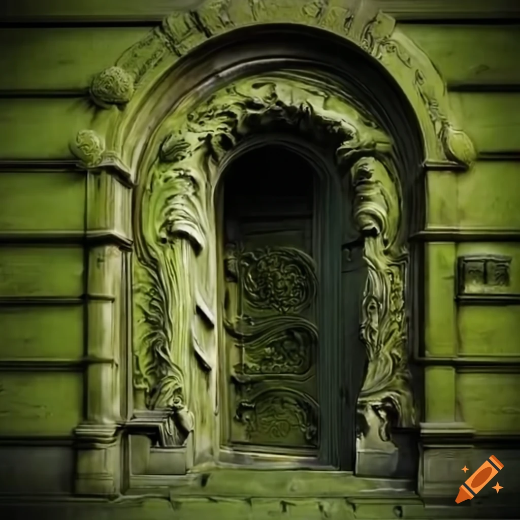 Baroque moss-covered door with bas-relief spiral in Delacroix style on ...