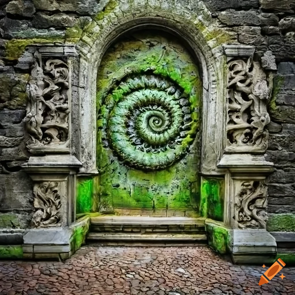 Baroque moss-covered door with acid spiral brass detail on Craiyon