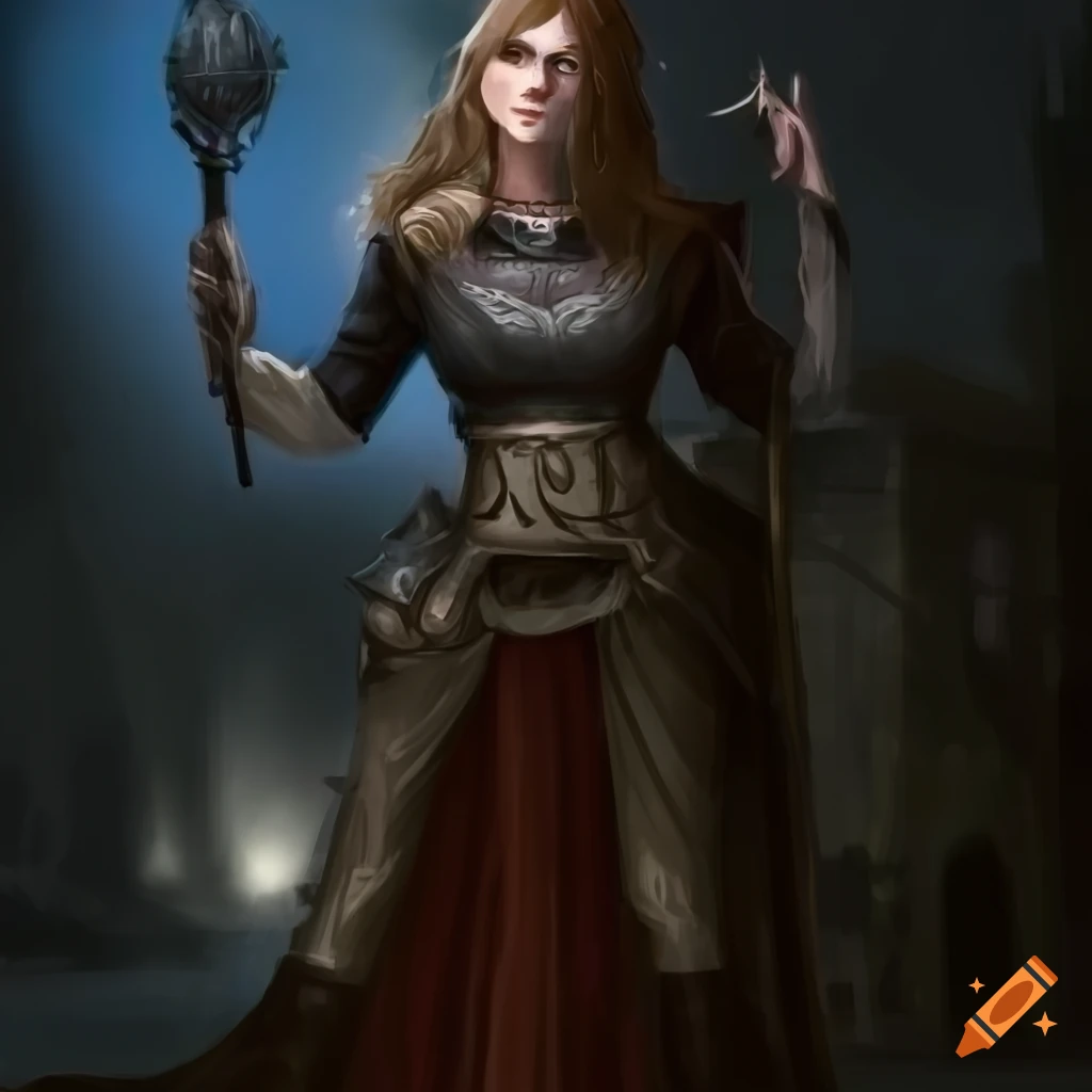 Dark fantasy illustration of a female half-elf cleric on Craiyon