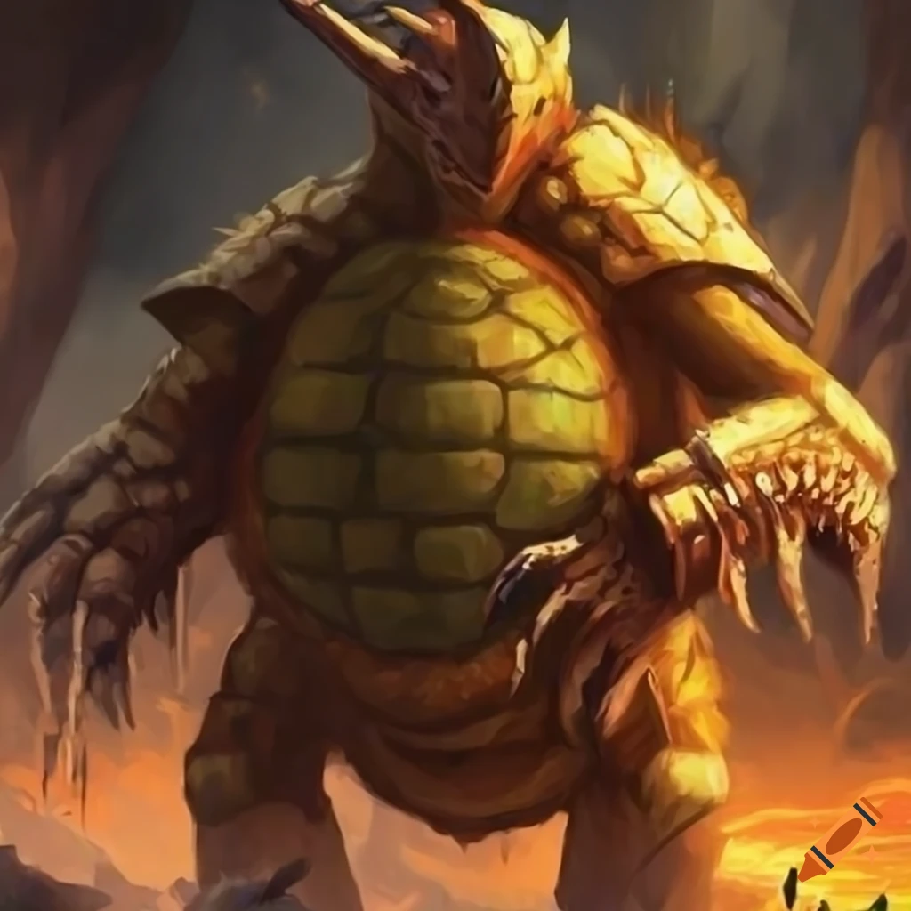 Giant bipedal turtle kaiju defending earth with laser beams in ...