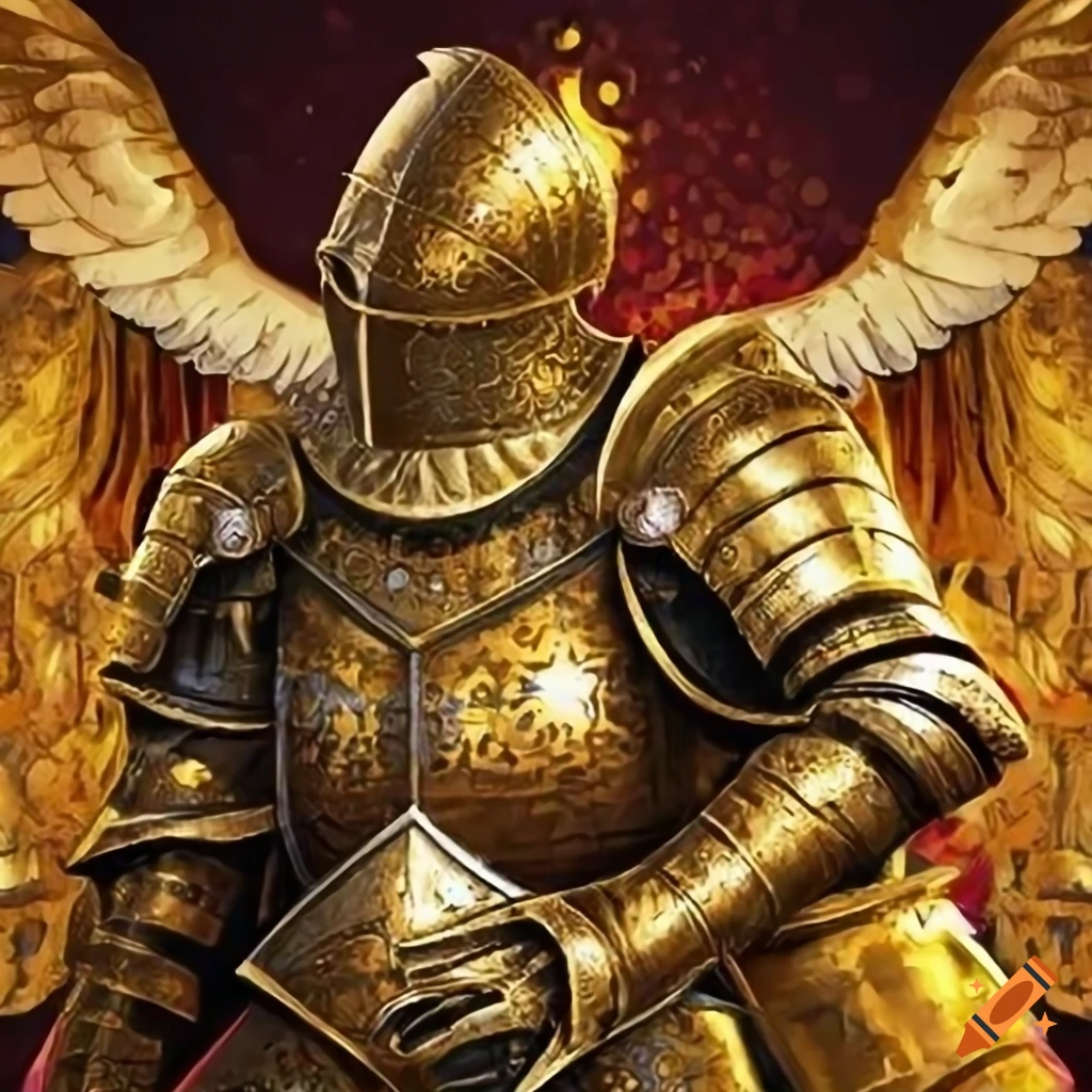 Golden armored fallen angel knight in Byzantine style on Craiyon